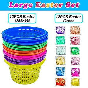 Easter Baskets Bulk, 12+12PCS Plastic Easter Baskets Small and Colorful Easter Grass Stuffers, Easter Bucket with Handles for Kids Boys Girls, Fillers Easter Round Baskets for Party Easter Hunt