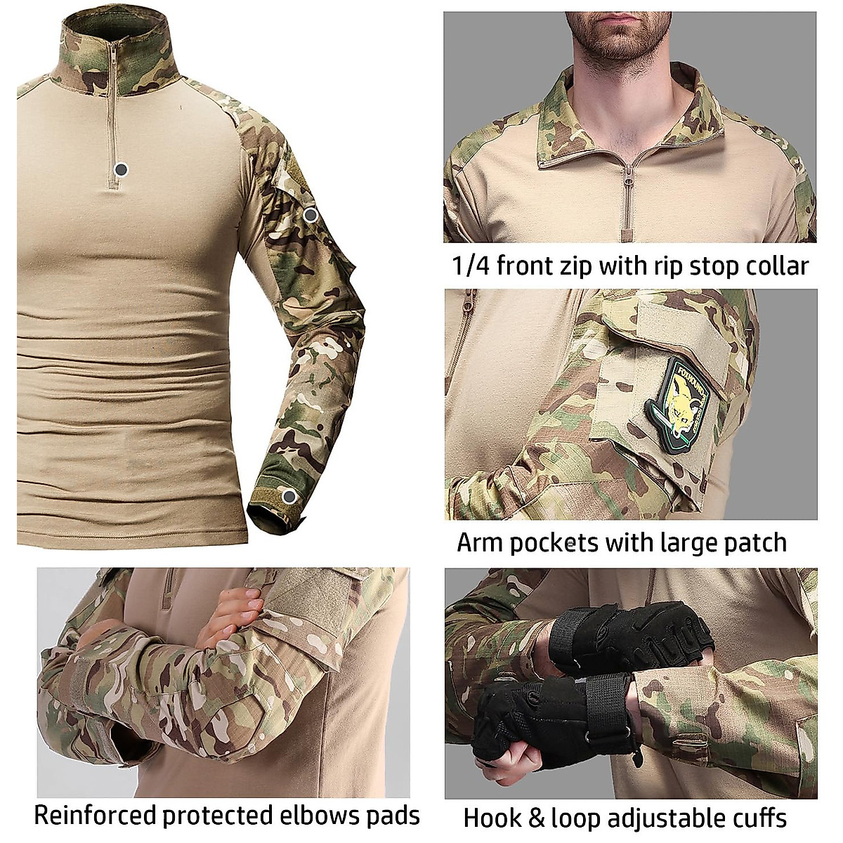CARWORNIC Men's Tactical Combat Shirt, 1/4 Zipper Long Sleeve Camo Army Military T Shirt