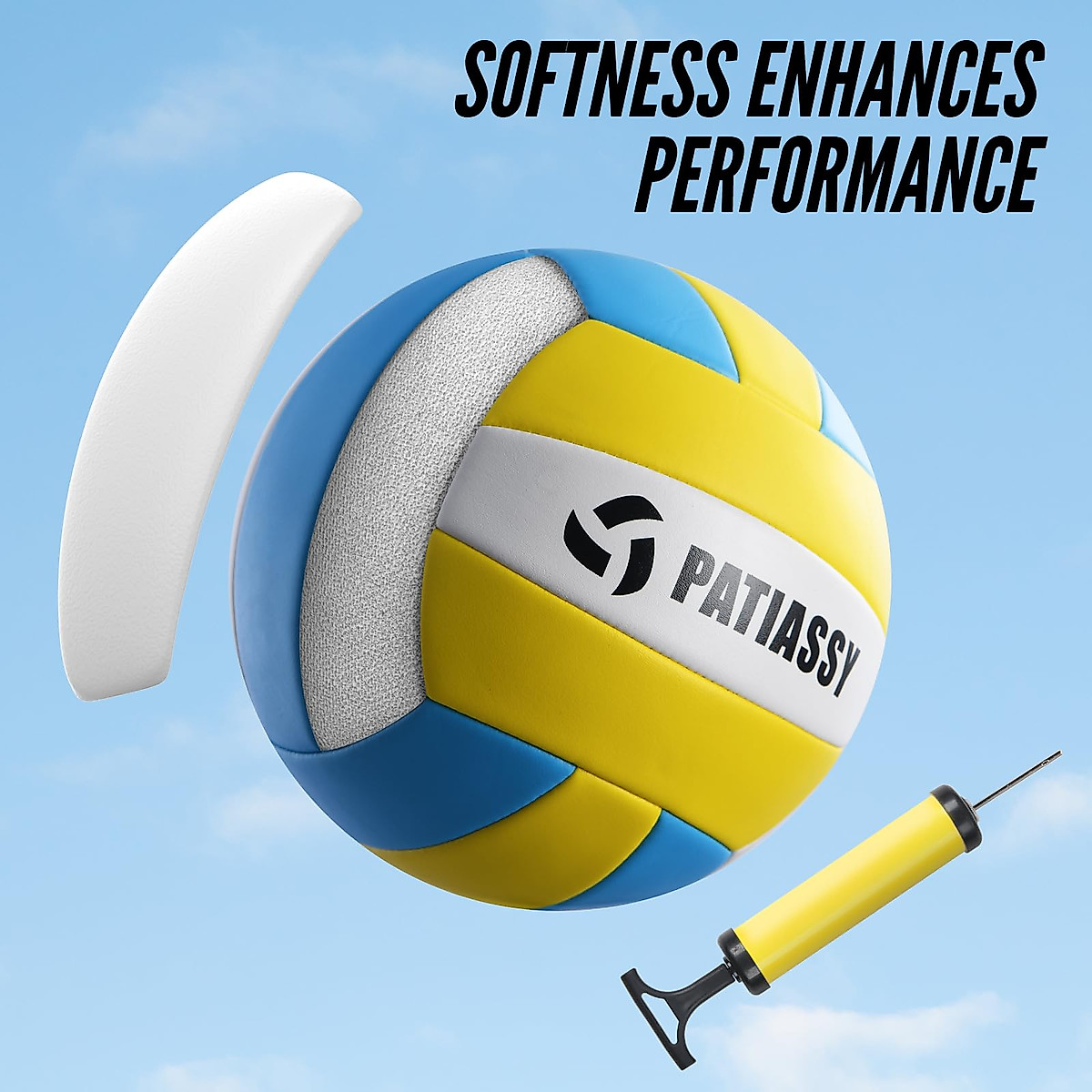 Patiassy Portable Professional Outdoor Volleyball Net Set with Adjustable Height Aluminum Poles, Winch System, Volleyball with Pump and Carrying Bag for Backyard Beach (White)