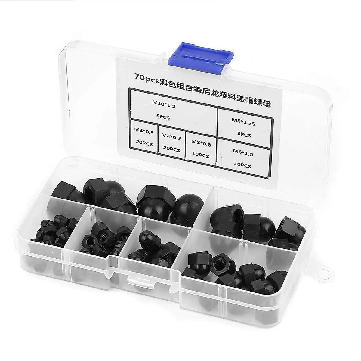 Dome Nut, 70Pcs Black White (Optional) Nylon Dome Head M3 M4 M5 M6 M8 M10 Hex Nuts Acorn Nut Kit, with Plastic Box(black)