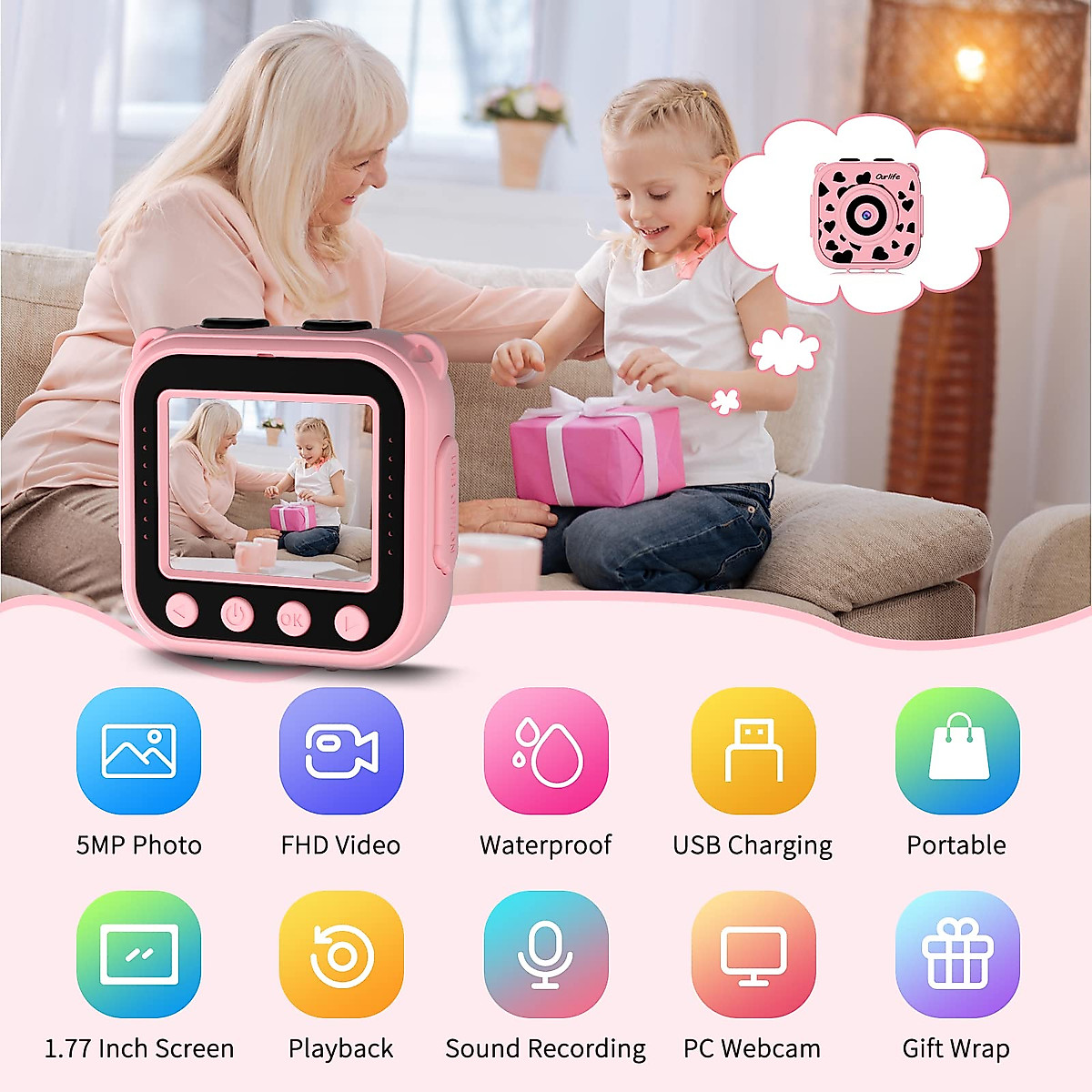 Ourlife Waterproof Camera for Kids, 1080P HD Kids Digital Action Camera Underwater Camera with 8GB SD Card, Birthday Gift Toys for Girls Age 3-14