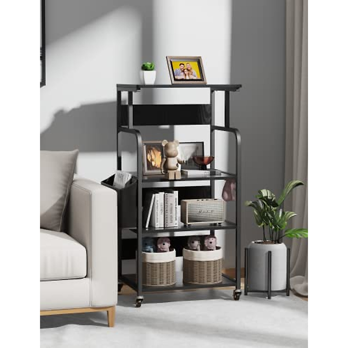 4-Tier Home Kitchen Standing Shelf Cart W/ Storage and Lockable Wheels, Tall Mobile Rolling Rack with Large Storage Space for Home Kitchen, Versatile, Durable - Black