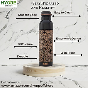 HYGGE Copper Water Bottle - 34 Oz Extra Large - A Antique Engraved Ayurvedic Pure Copper Vessel For Drinking - Drink More Water, Lower Your Sugar Intake And Enjoy The Health Benefits Immediately