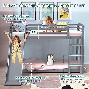 DreamBuck Bunk Bed with Slide, Solid Wood Twin Over Twin Bunk Bed with Ladder and Safety Guardrails, Floor Bunk Bed for Kids Boys Girls, Low Bunk Bed Space-Saving, Easy Assembly, Grey