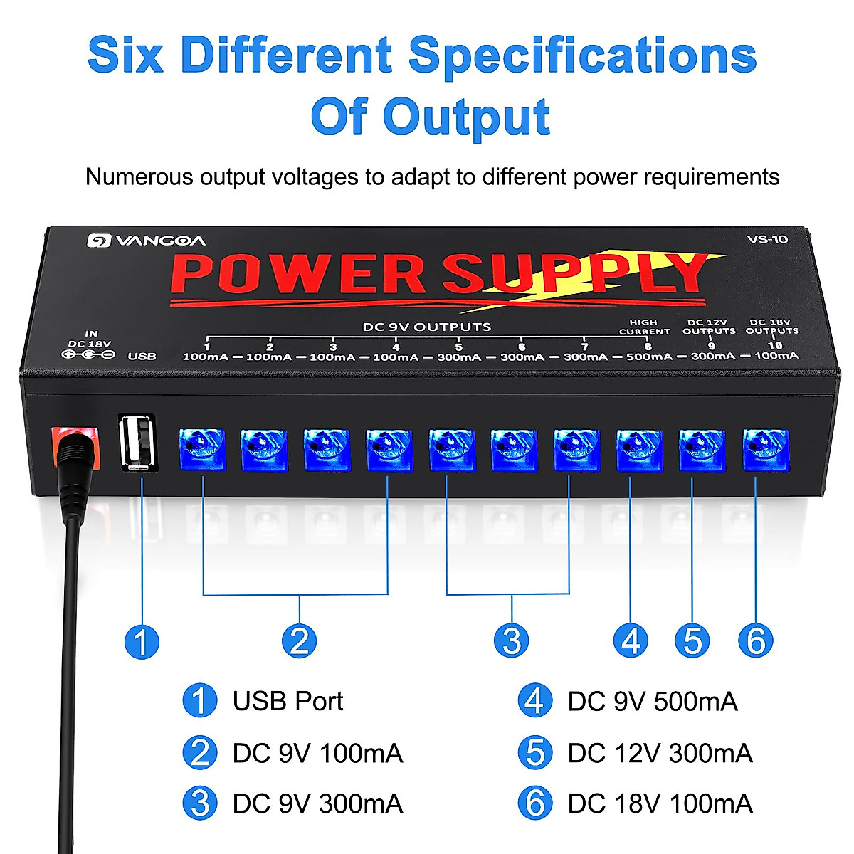 Vangoa Guitar Pedal Power Supply 10 Truly Isolated Outputs, Portable Pedal Board Power Supply with USB for 9V/12V/18V Effect Pedal Power Supply