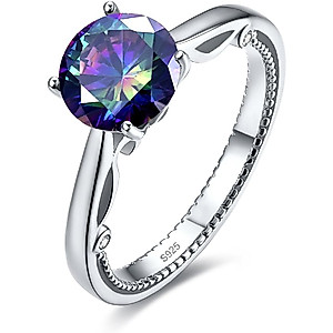 925 Sterling Silver Brilliant Classic Created Cubic Ziconia Rainbow Topaz CZ Ring Wedding Engagement Anniversary Statement Eternity Ring