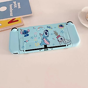 Cute Stitch Case Compatible with Nintendo Switch OLED, Dockable Case Cover, Ergonomic Soft TPU Grip Case for Joycon, Sparkle Skin Set