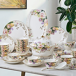 Porcelain Dinner Set Luxury Ceramic Dinnerware Set, Phnom Penh Plates and Bowl Dishes Set, Flowers Underglaze Dinner Sets for Family Party, Service for 6-8