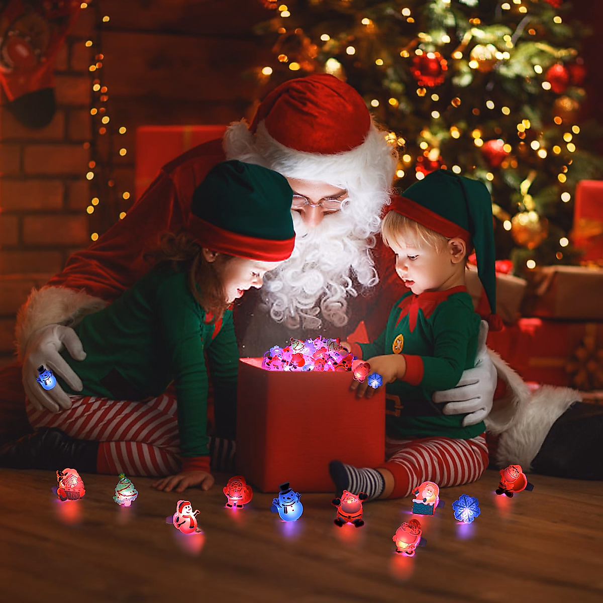 KIMOBER 50PCS Christmas Light Up Rings,Assorted Santa Snowman Flash LED Rings Toys Glow in the Dark Rings Toys for Xmas Kids Party Favors