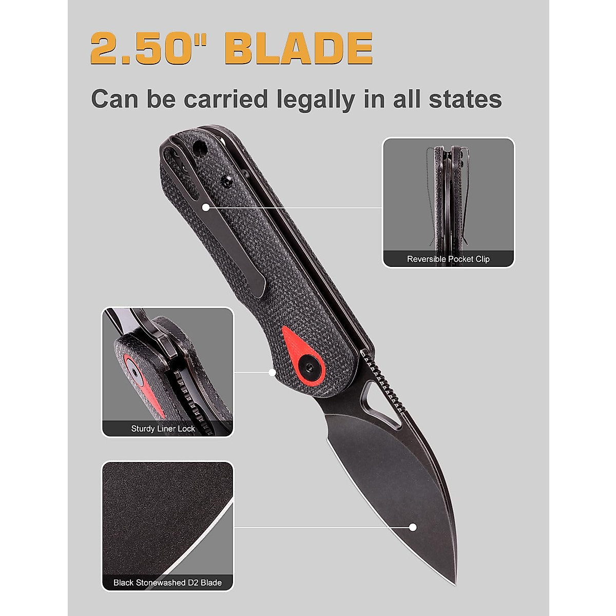 XTOUC Small Pocket Knife 2.5" Stone Wash D2 Blade Folding Knives Reversible Pocket Clip Comfortable Micarta Handle EDC Knife Thumb Hole Opening Ideal Gift for Men Women(Seed J01)