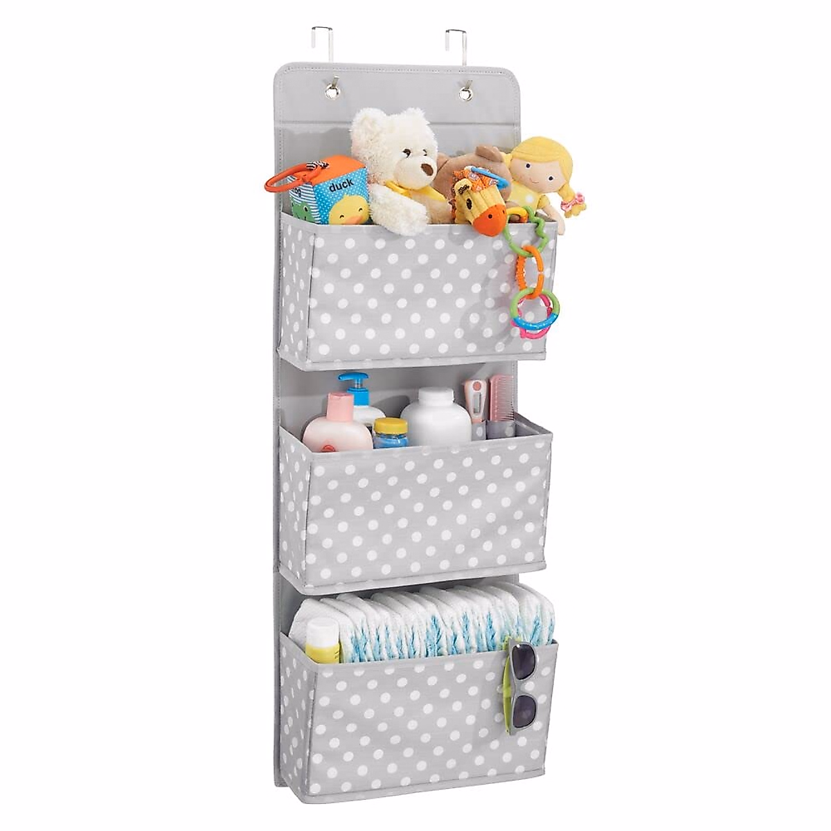 mDesign Fabric Baby Nursery Hanging Organizers for Over The Door Storage for Kids - 3 Pocket Organizer Caddy with Hooks for Clothing, School, Diaper, Toy, and Outfit Storage - Polka Dot, Gray/White