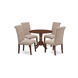 East West Furniture DLBR5-MAH-04 Dublin 5 Piece Room Furniture Set Includes a Round Dining Table with Dropleaf and 4 Light Tan Linen Fabric Upholstered Chairs, 42x42 Inch, Mahogany