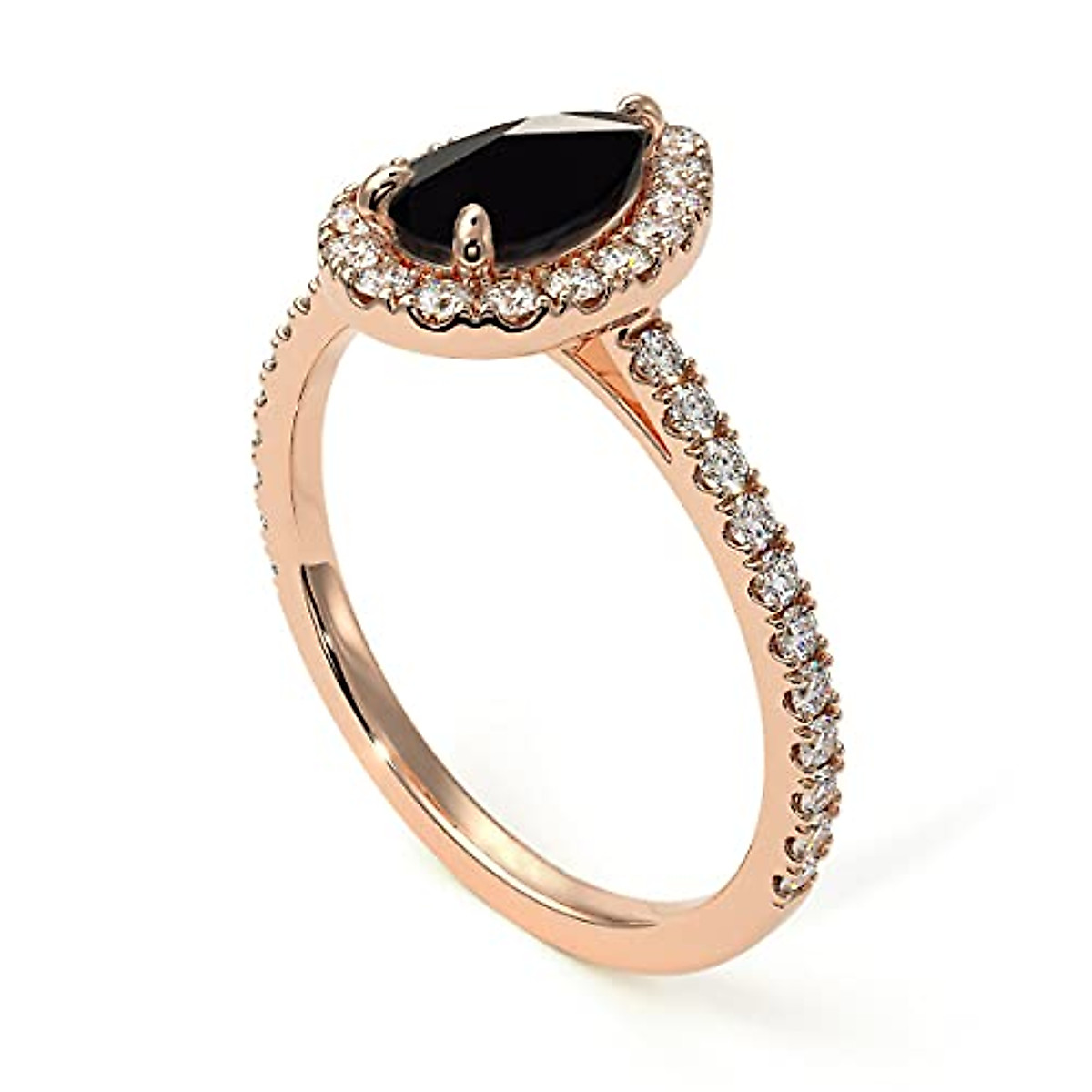 Gemsonclick Natural-Black Onyx 18K Rose Gold Ring Pear Shape Halo Diamond Design Wedding Engagement Handmade And Fashion Jewelry For Women Girl Available in size 7