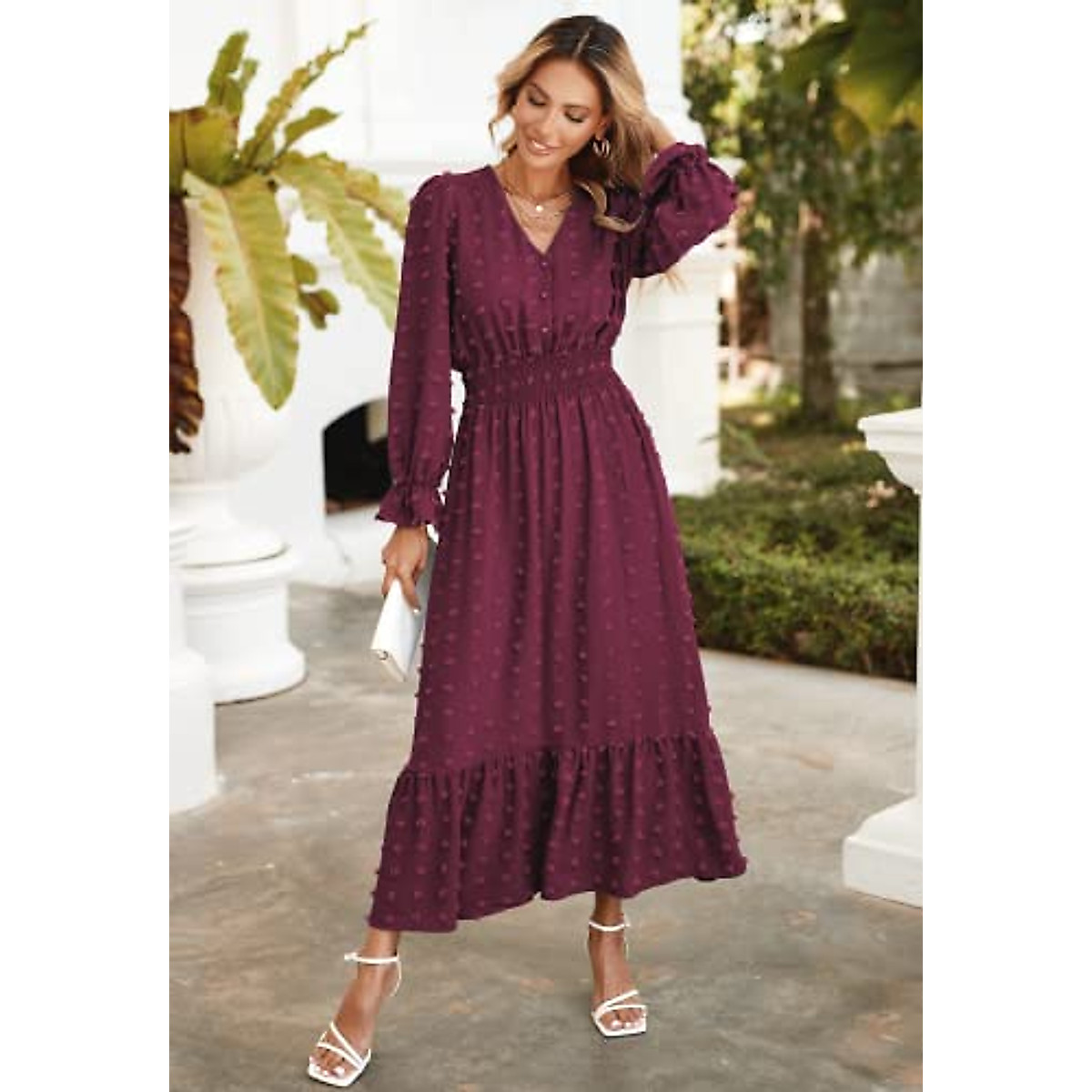 MASCOMODA Women Boho Maxi Dress 2023 Long Sleeve V Neck Swiss Dot Smocked High Waisted Button A-Line Ruffle Tiered Fall Long Dress(Medium, Wine Red)
