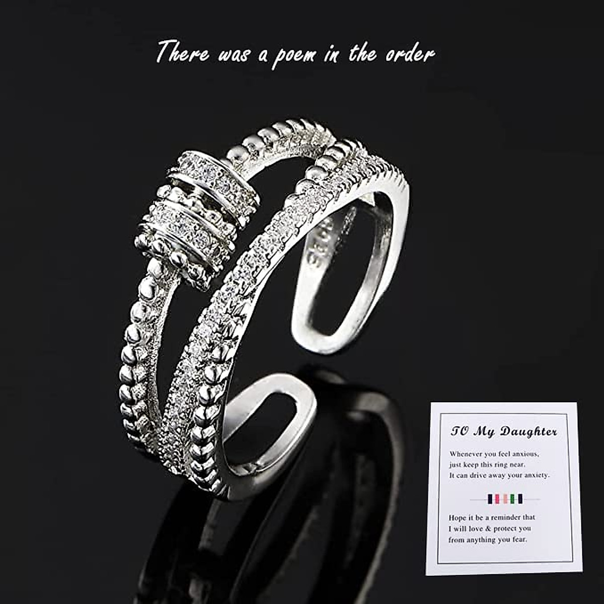 Q&D&S 14k Fidget Ring for Women S925 To My Daughter Anxiety Meditation Ring Cubic Zirconia Adjustable Swivel Ring For Jewelry Gift