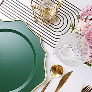 Omuriko Green Chargers for Dinner Plates, 13 Inch Scalloped Plastic Decorative Table Charger Service Plates Set of 6 for Wedding, Holiday, Thanksgivng, Christmas