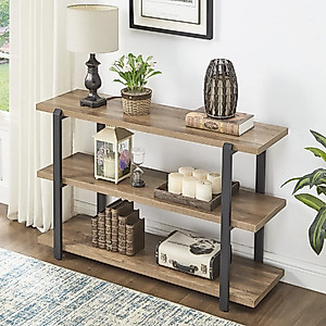 FOLUBAN Industrial Console Sofa Table, Rustic Entryway/Hallway Table with 3-Tier Open Shelf for Living Room, Oak