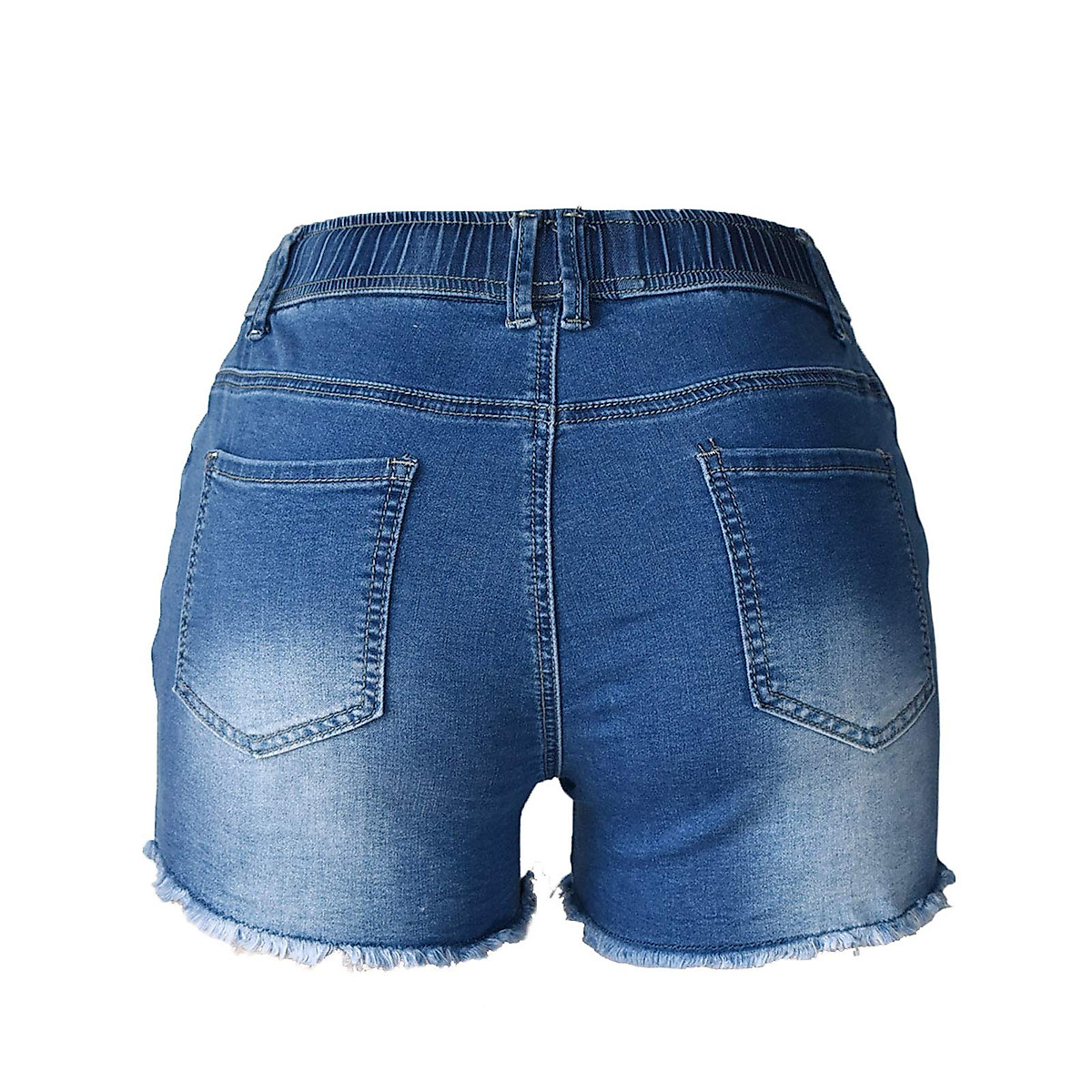 Atditama Women's Elastic Drawstring Waist Skinny Stretch Slim Mid-Waist 3" Inseam Ripped Distressed Ultra Short Jeans Blue US 16