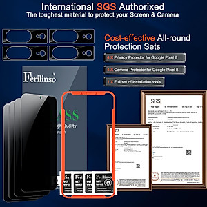 Ferilinso 4 Pack Privacy Screen Protector for Google Pixel 8 with 4 Pack Tempered Glass Camera Lens Protector Accessories Phone Case Friendly Protector de Pantalla for Google Pixel 8