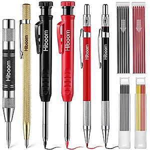Hiboom 10 Pack Carpenter Pencil Set, 4 Colorful Solid Carpenter Pencils with Sharpener and Refills, Automatic Center Punch, Carbide Scribe Tool Kit for Construction Woodworking