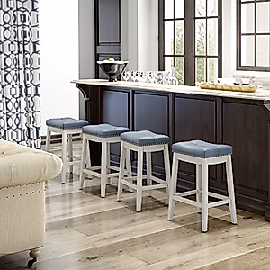 COSTWAY Bar Stools Set of 2, 24-Inch Height Backless Counter Stool with Footrest, Soft Seat Cushion, Wood Legs and Non-Slip Foot Pad, Saddle Stools for Home Kitchen Living Room, Stone Gray+White