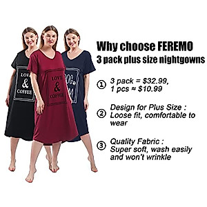 FEREMO 3 Pack Plus Size Nightgowns V Neck Nightshirts Short Sleeve Printed Sleepwear Soft Loungewear for Women (4X, Black+Wine Red+Dog Mom Navy Blue)