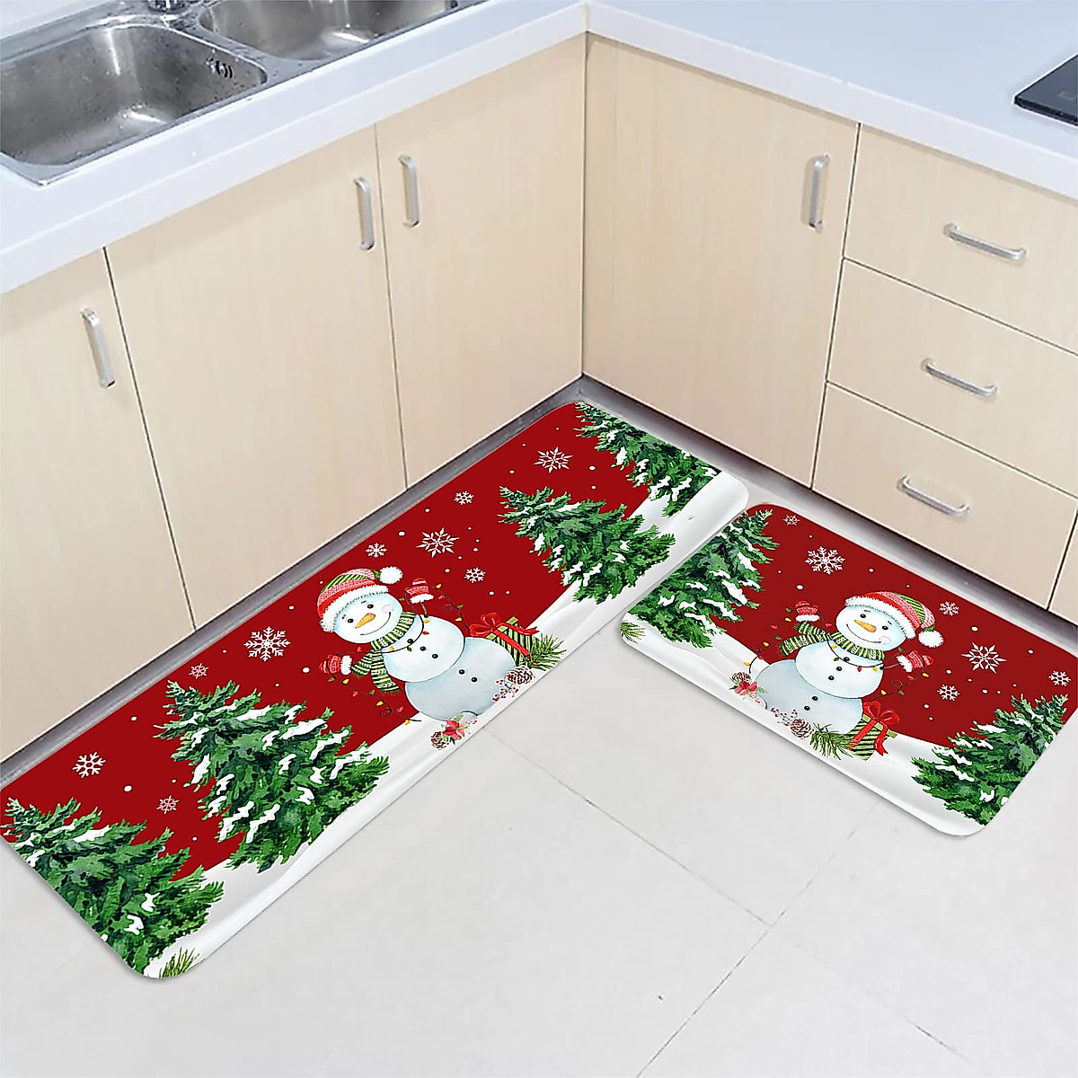 Snowman Christmas Kitchen Mats Sets 2 Piece, Xmas Snowman Tree Snowflake Red Background Kitchen Rugs and Mats Non-Slip Washable Runner Carpets for Christmas Decorations, 15.7" x 23.6" + 15.7" x 47.6"