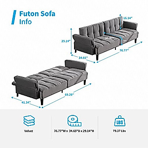 Mjkone Modern Futon Sofa Bed, Velvet Loveseat Sleeper Sofa Bed with Adjustable Backrest, Futon Couches for Living Room, Folding Bed Futons with Adjustable Armrests - Light Gray