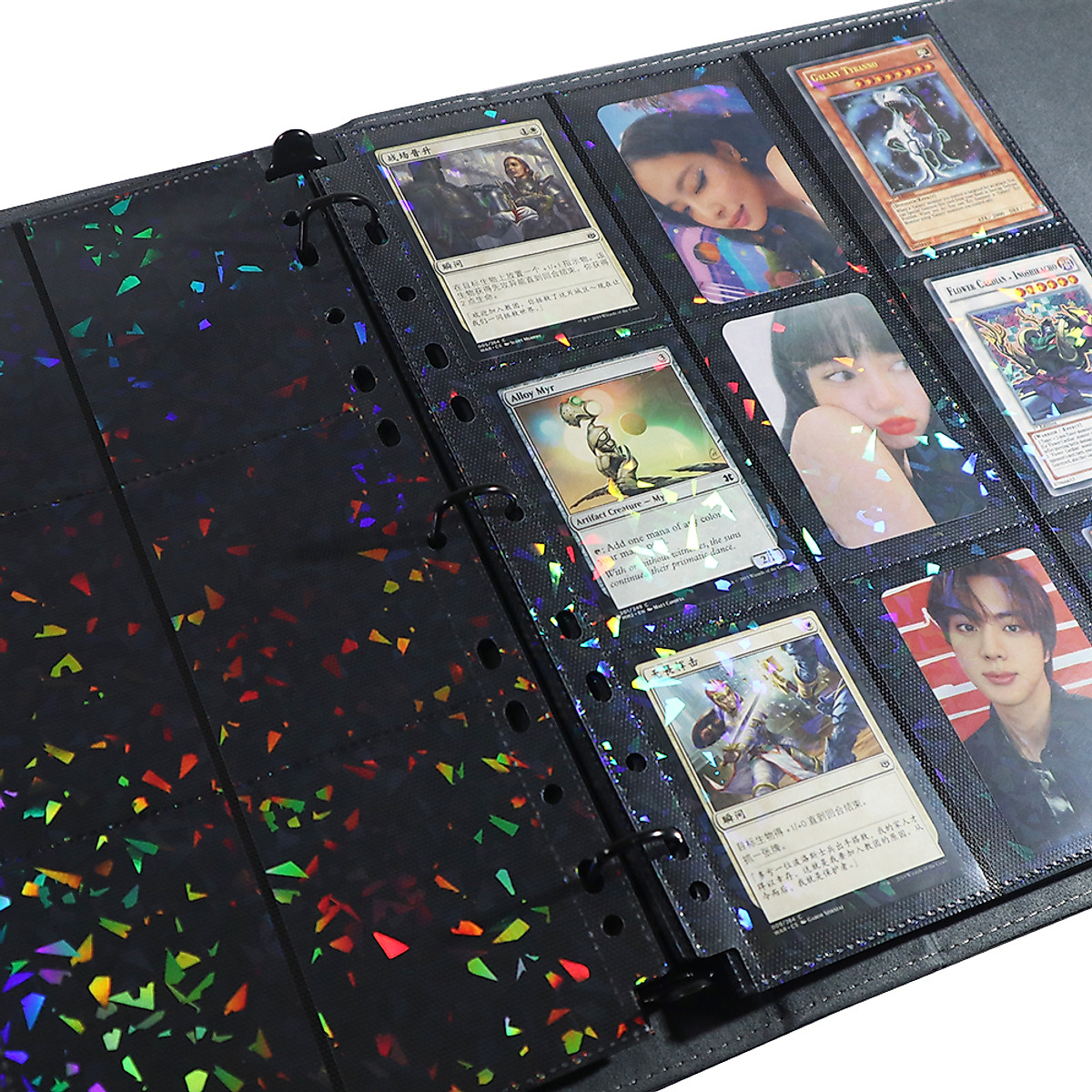 30PCS Holographic Trading Card Sleeve Pages Gemstone Foil Card Sleeves TCG&Photo 9 Pockets Fit 3 Ring Binder Pages (Side Loading Black Pages)