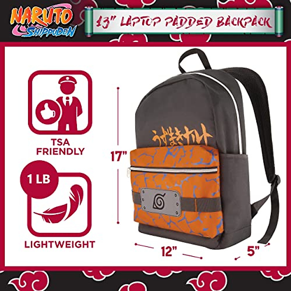 Concept One Naruto 13 Inch Sleeve Laptop Backpack, Padded Computer Bag for Commute or Travel, Shinobi Headband, One Size