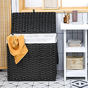 Giantex Laundry Hamper on Wheels, 3 Section 125L w/2 Liner Bags, Rattan Divided Laundry Sorter Clothes Basket w/Lid Handle for Bathroom (Black)