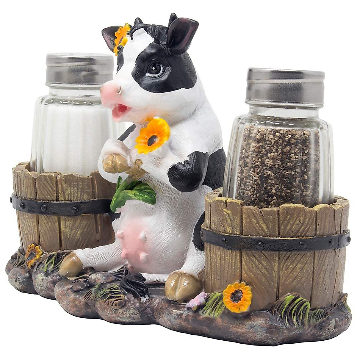 Decorative Holstein Cow Salt and Pepper Shaker Set with Old Fashioned Water Pails Holder Figurine in Farm Animal Decorations As Spice Racks and Rustic Country Kitchen Décor Or Gifts for Farmers