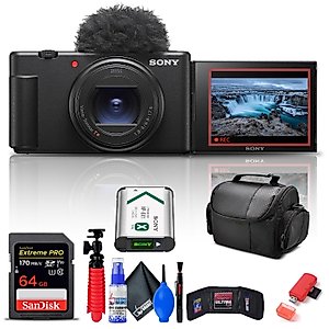 Sony ZV-1 II Vlog Camera for Content Creators and Vloggers (Black) (ZV-1M2/B) + 64GB Memory Card + Card Reader + Deluxe Soft Bag + Flex Tripod + Memory Wallet + Cleaning Kit (Renewed)