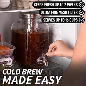 Zulay Kitchen 1 Gallon Cold Brew Coffee Maker - Large Iced Tea & Cold Brew Pitcher with Extra-Thick Glass & Stainless Steel Infuser - Cold Brew Coffee Maker with Airtight Lid & Spout (Silver)