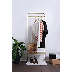 VEGAINDOOR Heavy-Duty Sturdy Clothes Rack with Wood & Metal Shelf , Freestanding Clothing Rack , Single Rod Garment Rack , Easy to Assemble Portable Clothes Rail , Storage Solution for Small Spaces