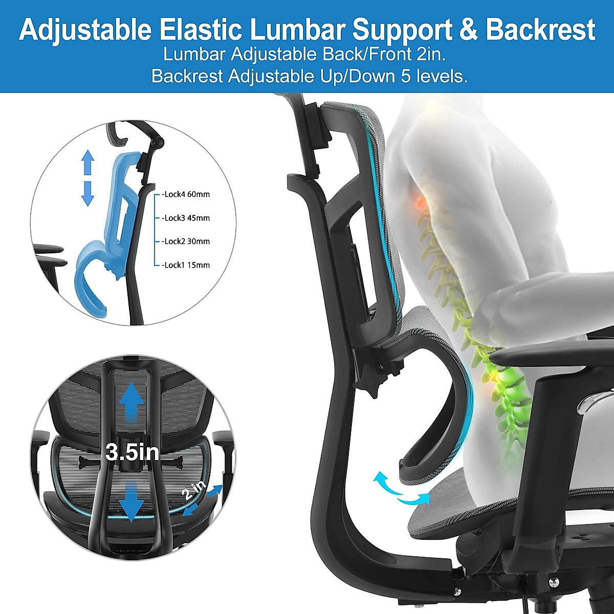 Ergonomic Office Chair, High Back Office Chair, Big & Tall Mesh Computer Chair with Lumbar Support/Headrest/5D Armrests, Executive Desk Chair with Adjustable Height for Home Office/Learning/Conference