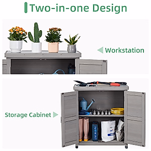 Potting Bench with Storage Cabinet and Metal Table Top for Outdoor Patio, Garden Furniture Wood Workstation