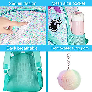 3PCS Toddler Backpack for Girls, 12" Unicorn Sequin Preschool Bookbag and Lunch Box- Green