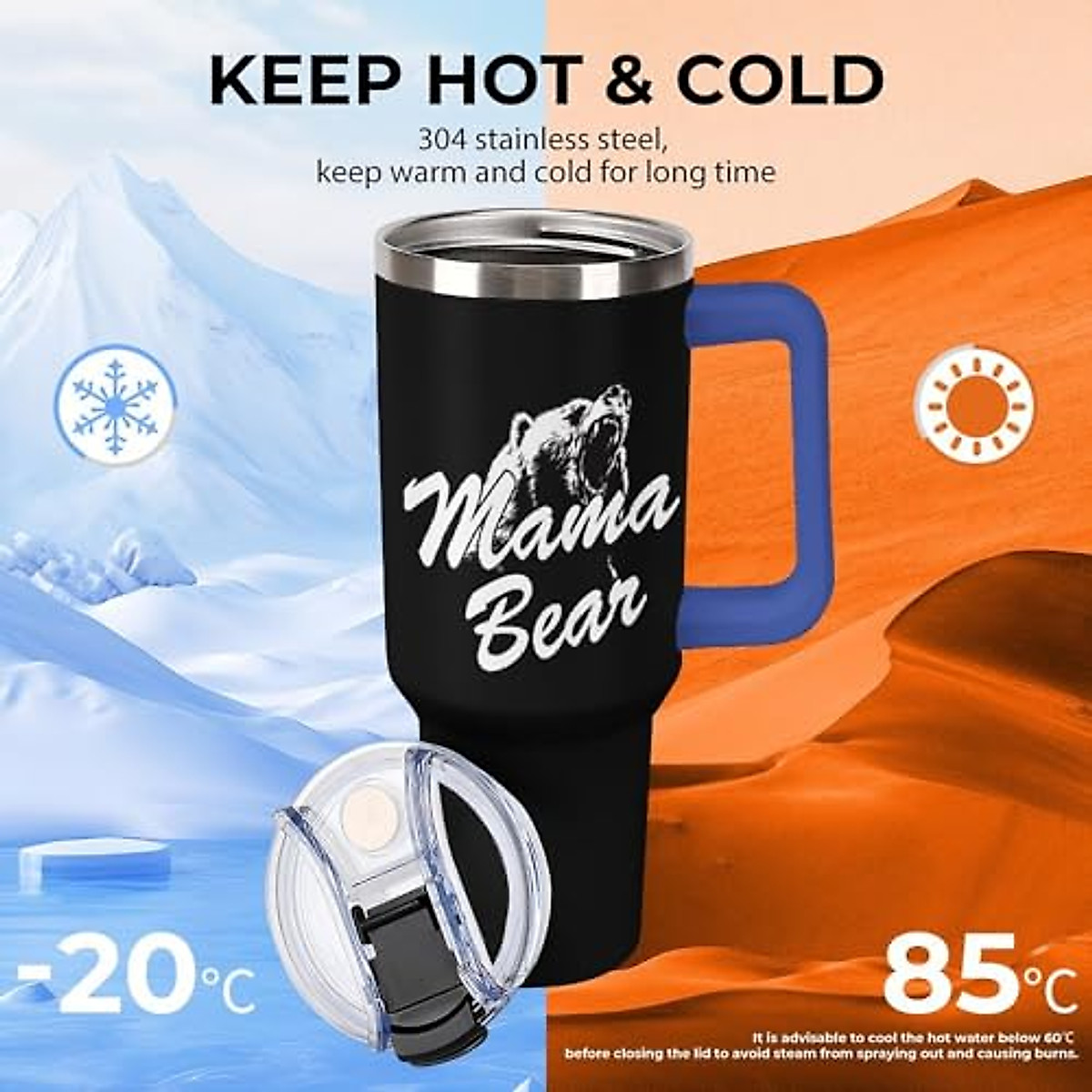 Mama Bear 40oz Water Bottle Double Wall Insulated Tumbler with Handle Leakproof Travel Mug Deep Blue-style