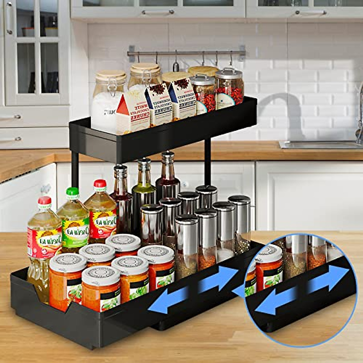 MDHAND Under Sink Organizers and Storage Under Sink Organizer, 2 Tier Kitchen Under Cabinet Storage Organizer, Multi-Purpose 2 Tier Under Sink Storage for Cabinet Bathroom Kitchen, Black