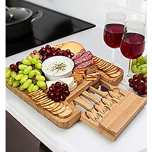 Realtree Bamboo Charcuterie Cheese Board & Knife Set, Serving Platter Tray with Cutlery Set, Housewarming Gifts, Entertaining, Cheese Serving Plate, Large Cheese Charcuterie Board