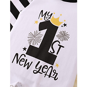 TUEMOS Baby New Year Romper Newborn Baby Boy Girl Clothes My First New Year Letter Print Stripe Hoodie Bodysuits Outfit