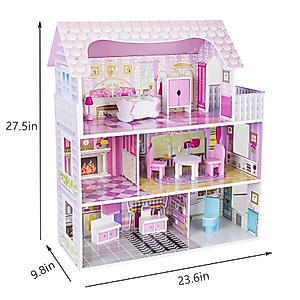 Wooden Dollhouse with Furniture for Kids Girls, Toys for 3 4 5 6 Years Old (Style 3)