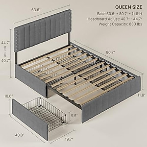 Gizoon Queen Bed Frames with 4 Storage Drawers on Wheels and Headboard Adjustable, Fits 6" to 12" Mattress, No Box Spring Needed (Light Grey)