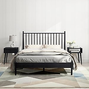 NTC Inno Wooden Bed Frame with Headboard, Solid Oak and Rubber Wood Foundation with Silent Slats and Wood Central Supports, 1000 Lb Capacity, Effortless Assembly, Queen - Burnt Black