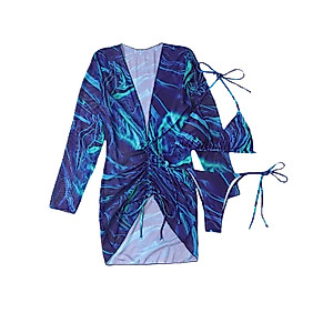 COZYEASE Women's 3 Piece Swimsuits Drawstring Triangle Halter Tie Side Thong Sexy Bikini Set with Cover Up Multicolor M