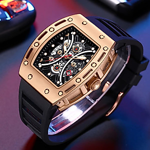 Mini Focus Unique Men Watch Tonneau Casual Wrist Watch (Hollow/Waterproof/Super Luminous/Calendar) Soft Silicon Band Fashion Cool Watch for Men