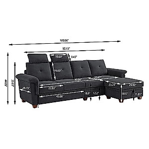 Jarenie Sectional Sofa with Storage and Cupholder, 4 Seat L Shaped Couch with Reversible Ottoman, Wooden Legs, Upholstered Fabric Sofa Couches for Living Room, Apartment, Office (Dark Grey)