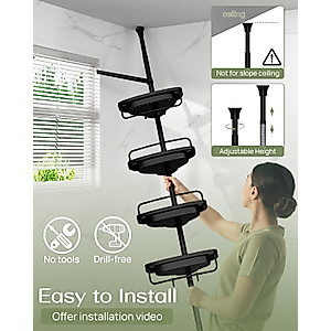 ALLZONE Rustproof Shower Caddy Corner for Bathroom,Bathtub Storage Organizer for Shampoo Accessories,4-Tier Adjustable Shelves with Tension Pole,56 to 114 Inch, Black