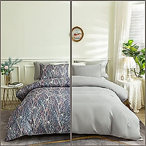 QSTEHEML Duvet Cover Queen Size, Branch Pattern Print Duvet Cover for All Seasons, 3 Pieces Ultra Soft Microfiber Duvet Cover Set with Zipper Closure and Corner Ties (Gray, Queen, 90x90'')
